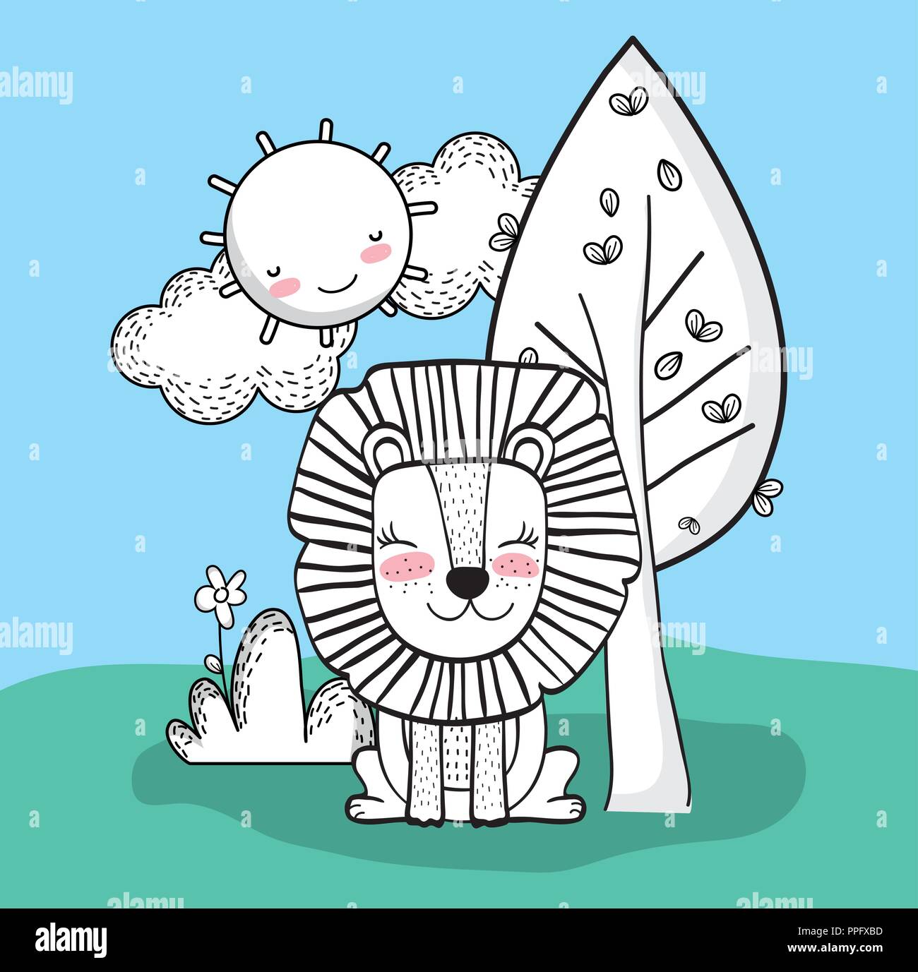 cute lion with happy sun and clouds Stock Vector Image & Art - Alamy