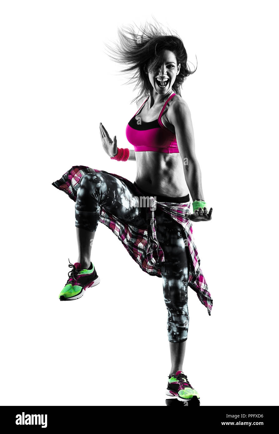 one caucasian woman zumba fitness exercises dancer dancing isolated in ...