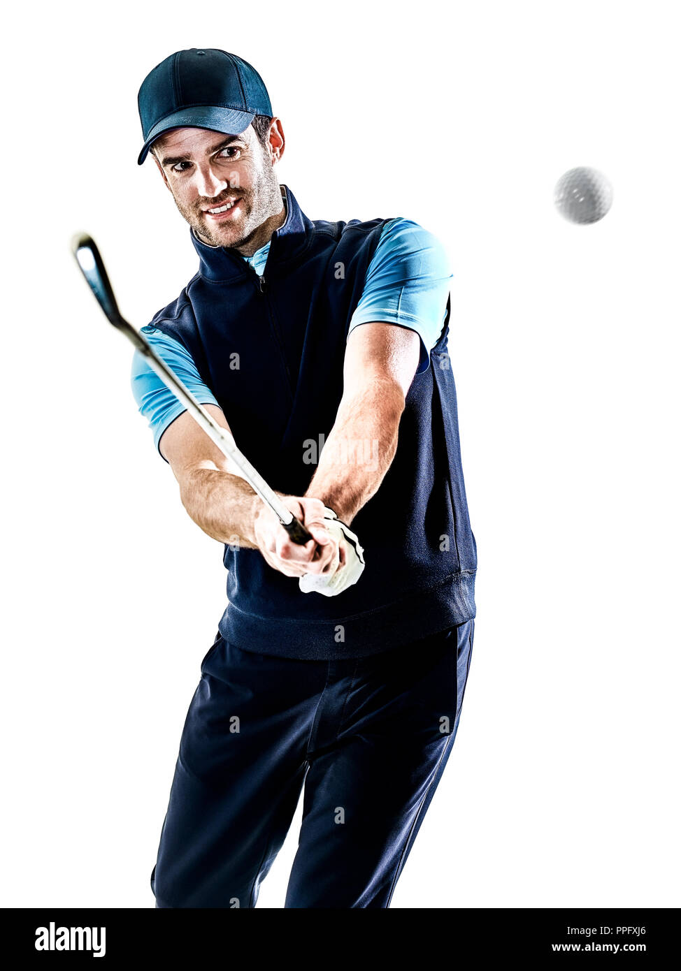 one caucasian man golfer golfing in studio isolated on white background ...
