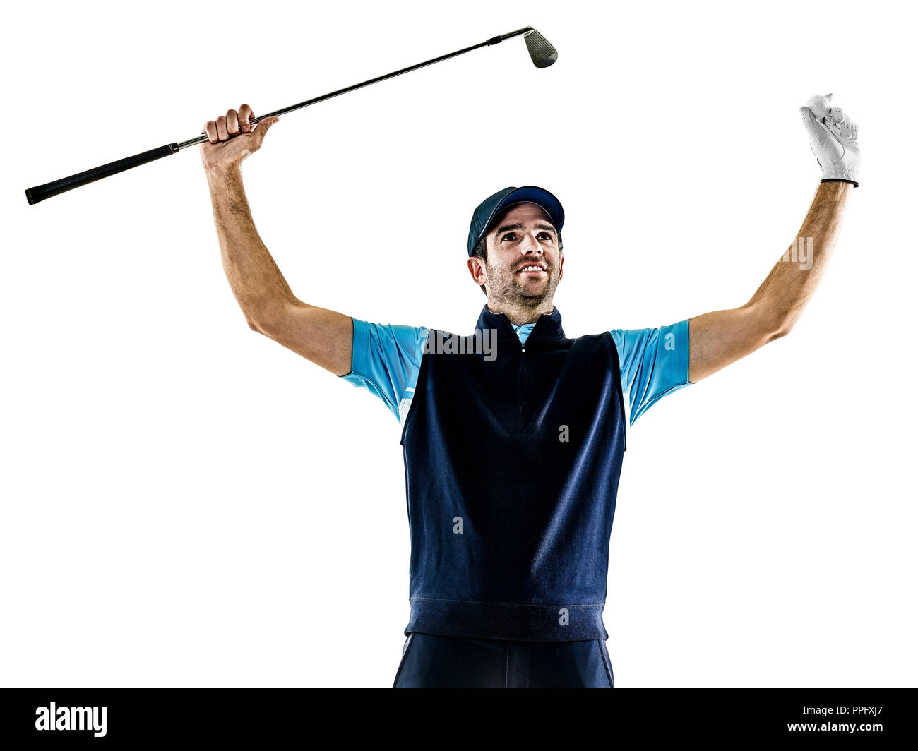 one caucasian man golfer golfing in studio isolated on white background ...