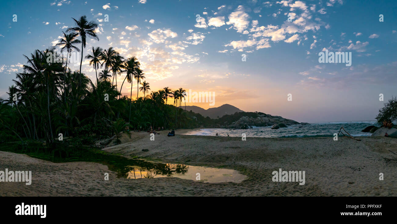 Beautiful Caribbean beach with palm trees and sunset in Tayrona ...