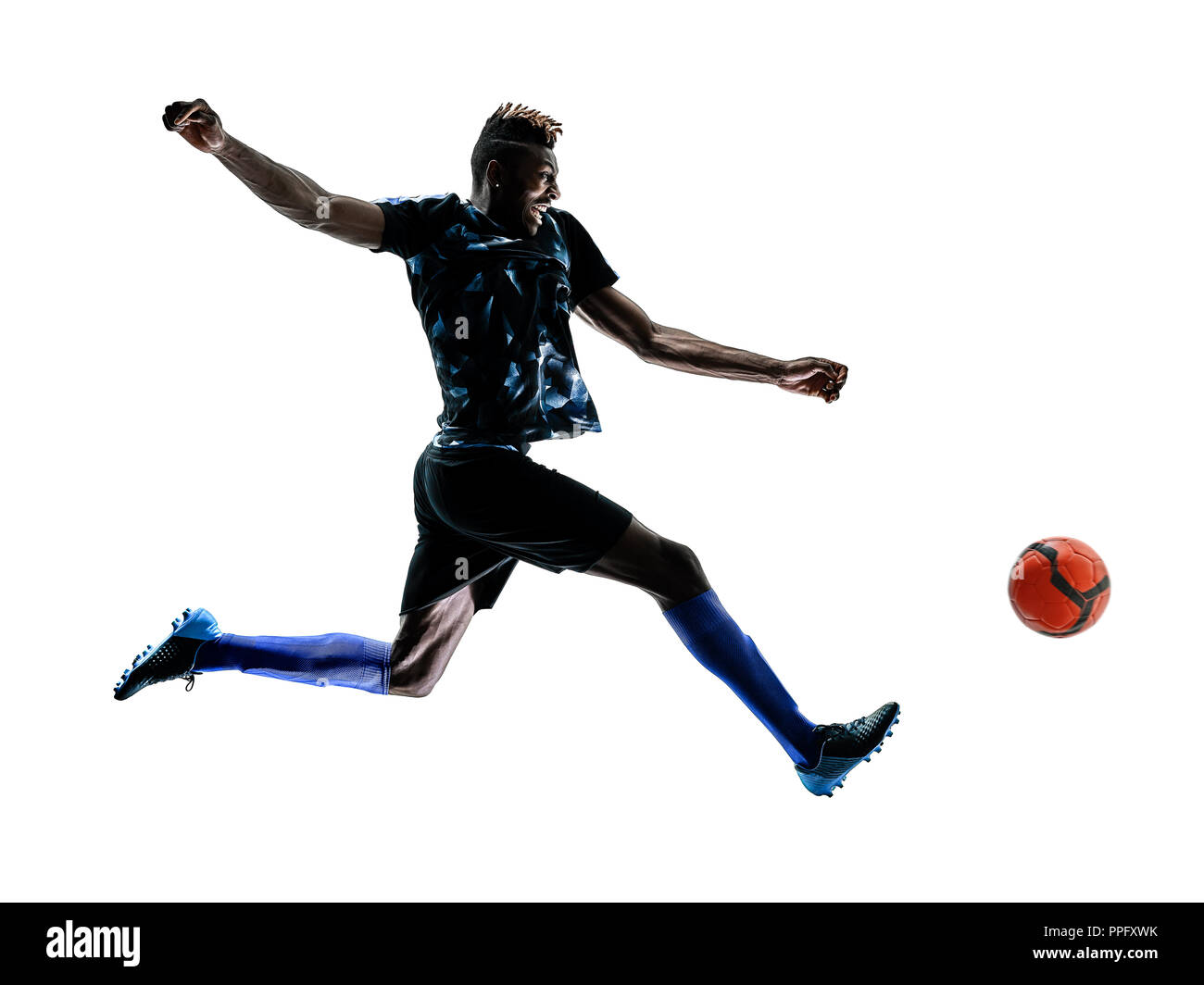 one african soccer player man playing in studio isolated on white ...
