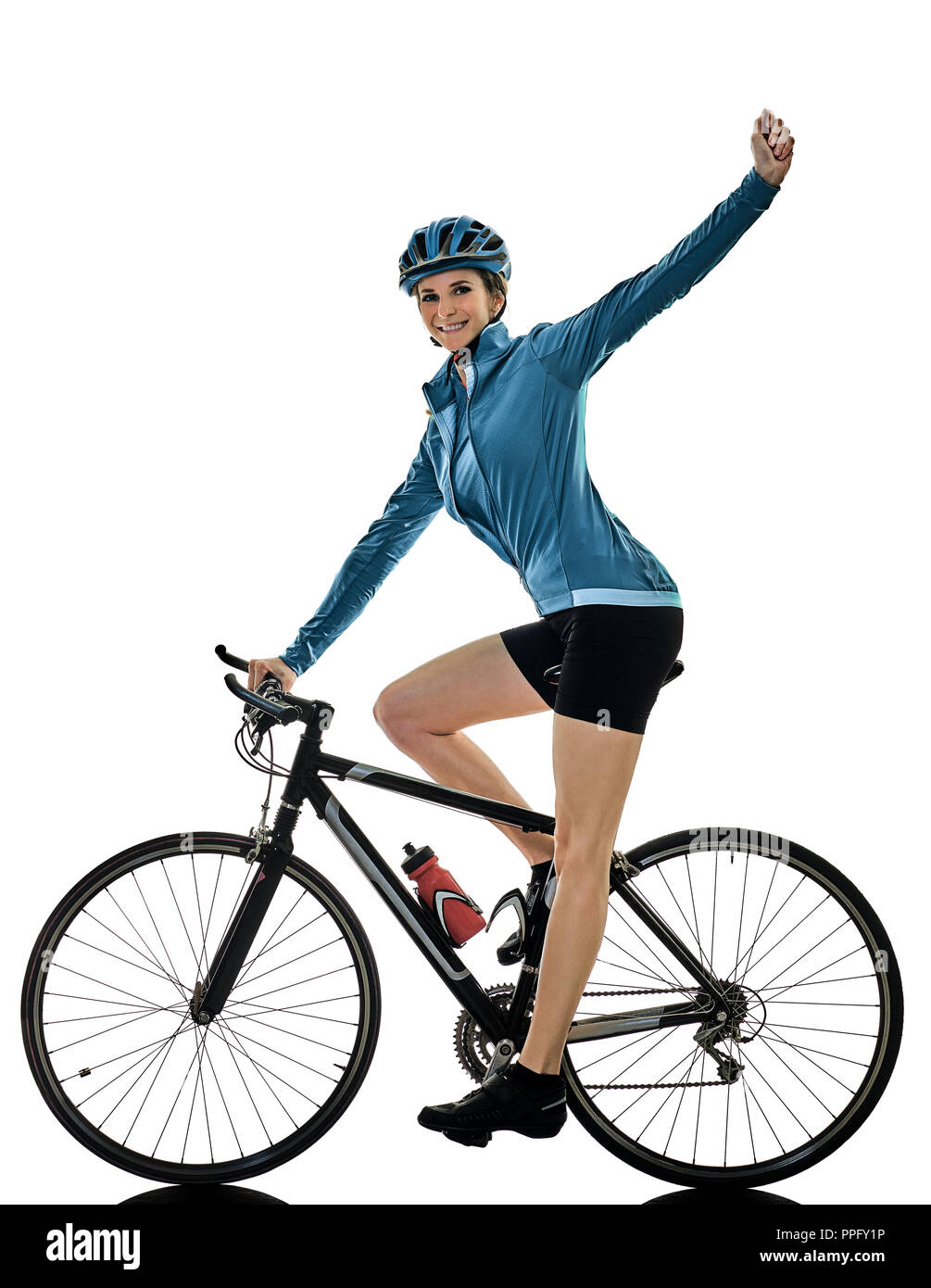 one caucasian cyclist woman cycling riding bicycle celebrating happy ...