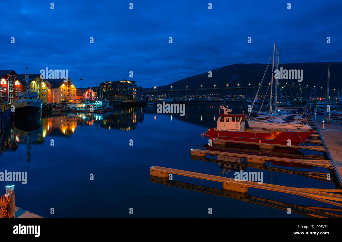 TROMSO, NORWAY - AUGUST 31, 2018: Night view of marina area in Tromso ...