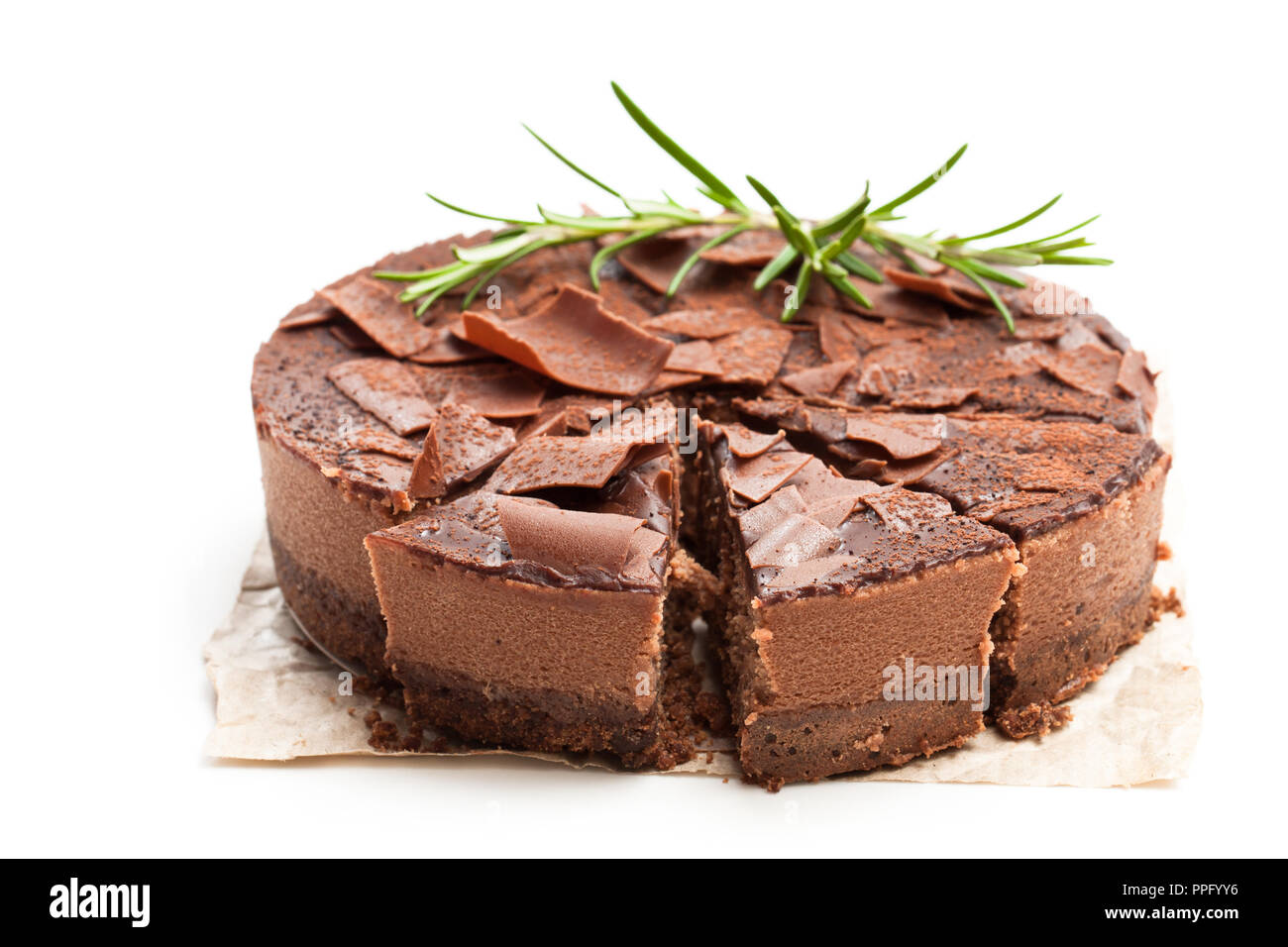 Baked belgian chocolate cheesecake with rosemary topped with chocolate ...