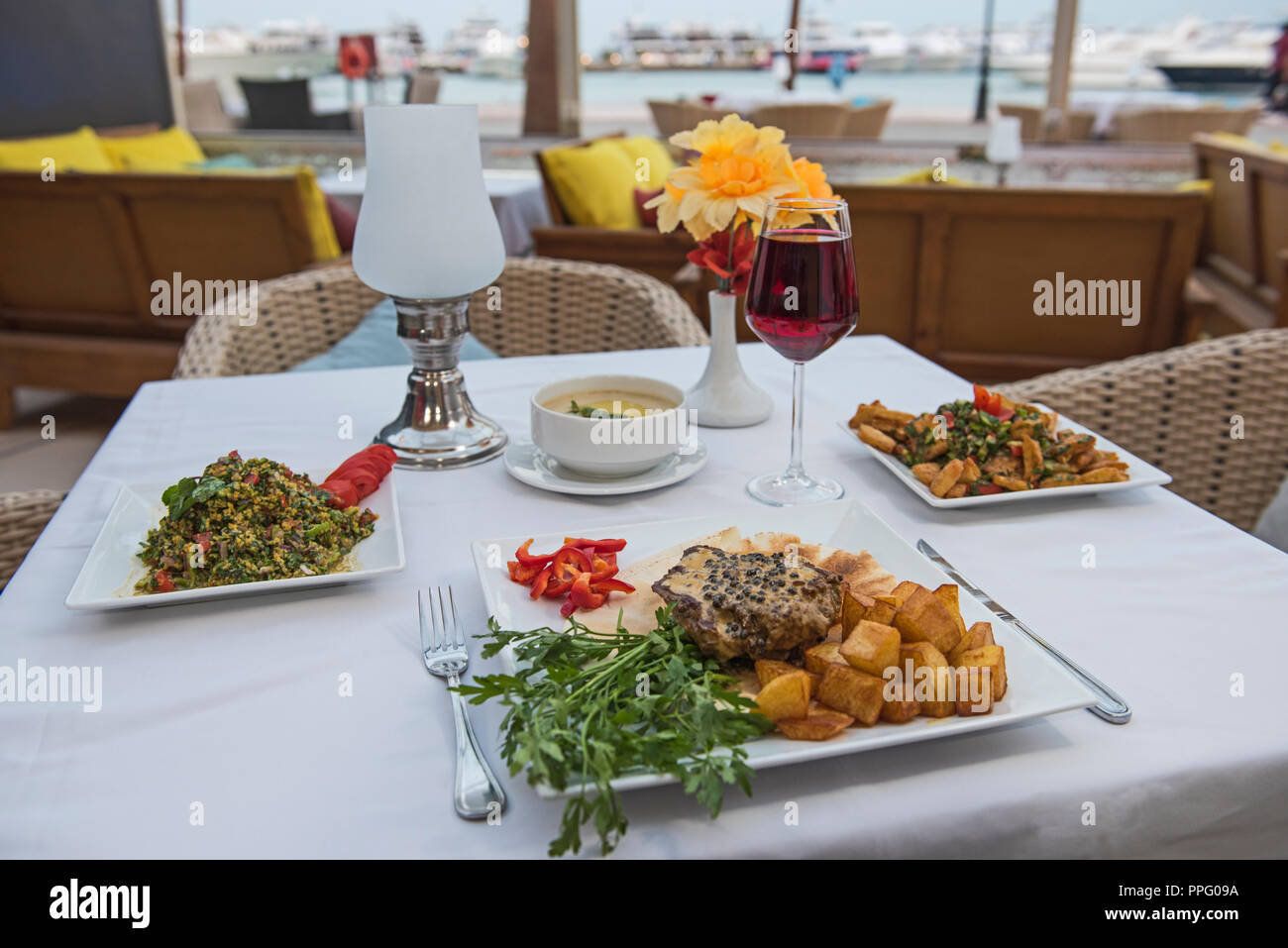 Closeup detail of beef fillet steak in pepper sauce at luxury ...