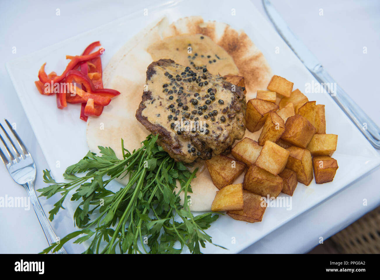 Closeup detail of beef fillet steak in pepper sauce at luxury ...