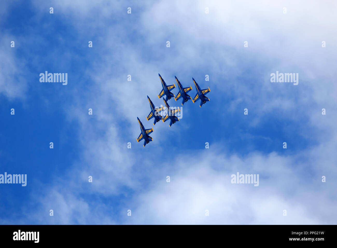 Blue Angels in delta formation at the Cleveland Air Show 2018 Stock ...