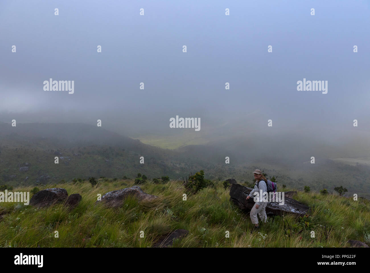 A hiker climbs the slopes of Mt Inyangani in bad weather, Nyanga ...