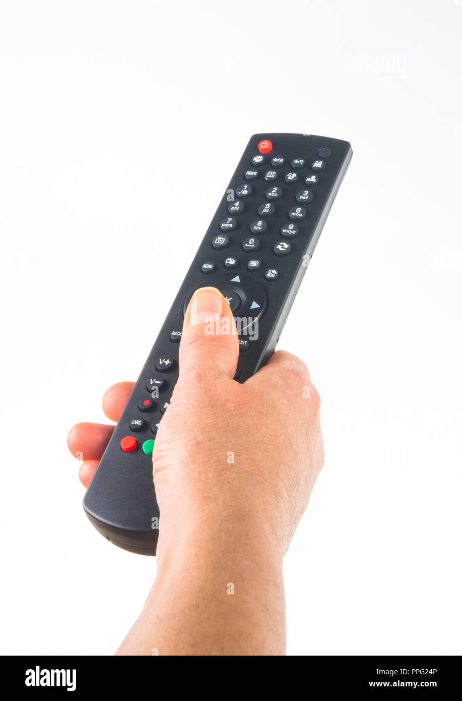 hand holding a remote control on white background Stock Photo - Alamy