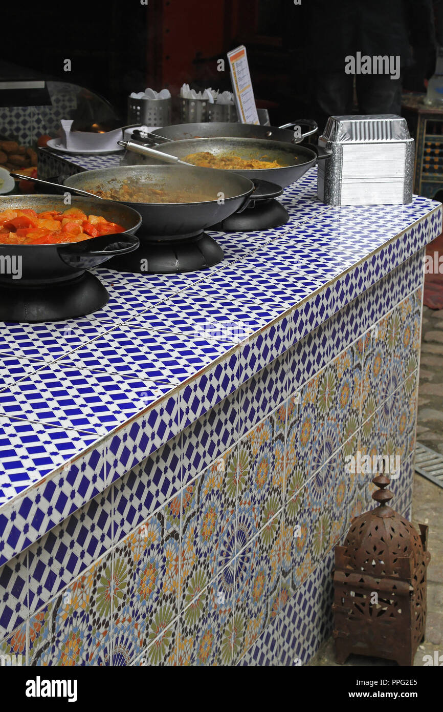 Fast food counter with Moroccan cuisine food sold on market Stock Photo ...