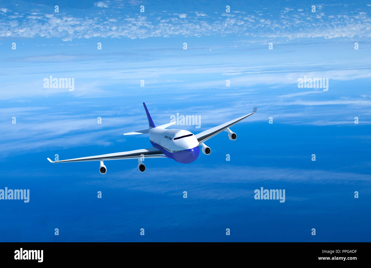 Passenger airplane flying above clouds front view , 3D rendering Stock ...