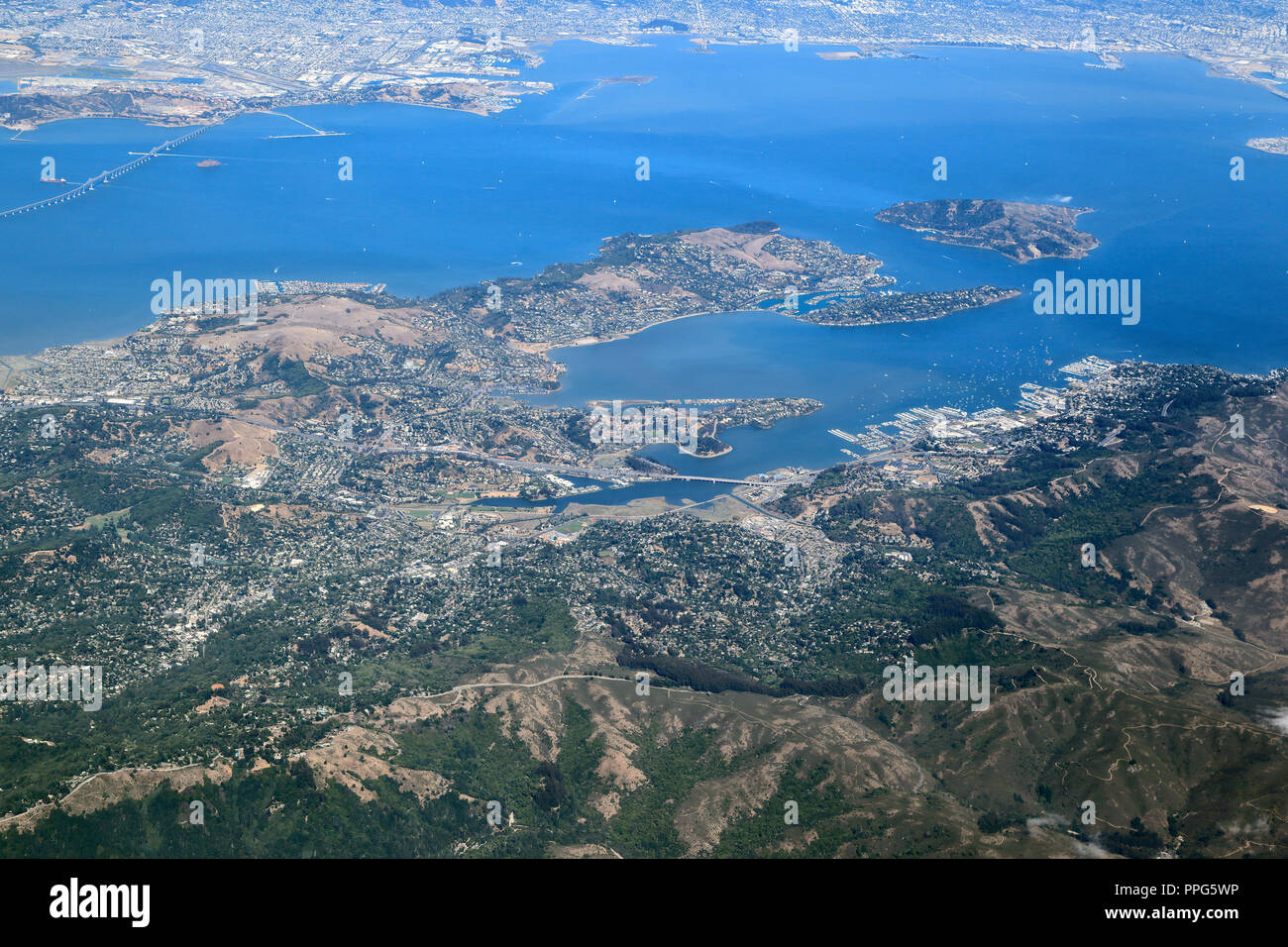 San Francisco Bay Area: Aerial view of Sausalito and Angel Island Stock ...