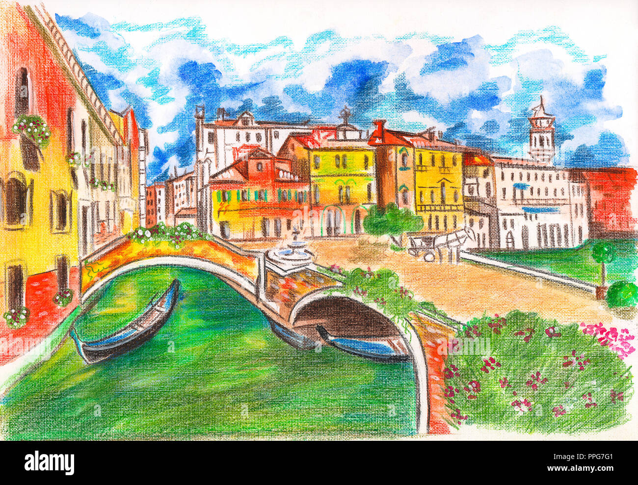 Illustration drawing of watercolor canals and buildings of Venice ...