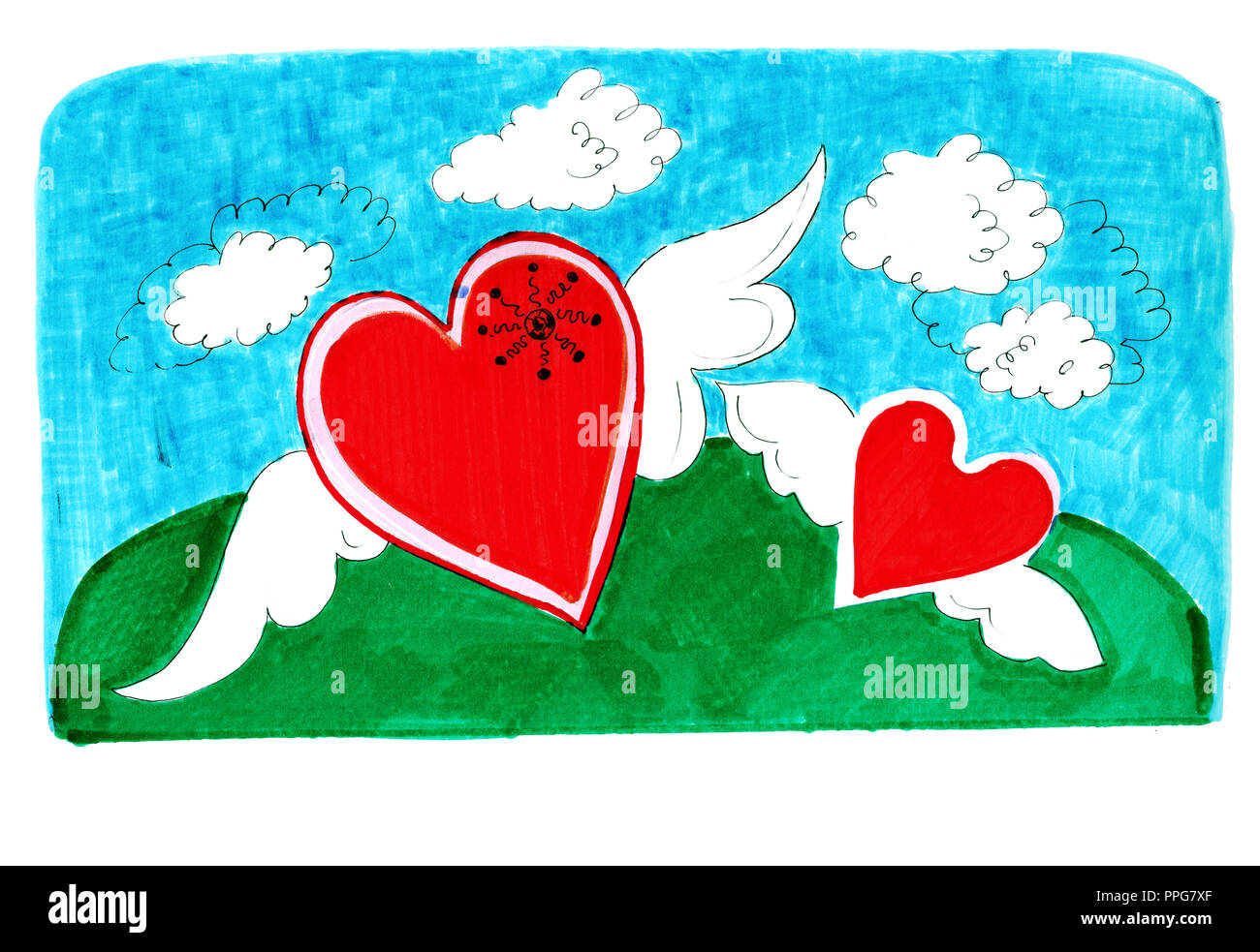 Hand drawn markers and paints of a heart drawn in different colors ...