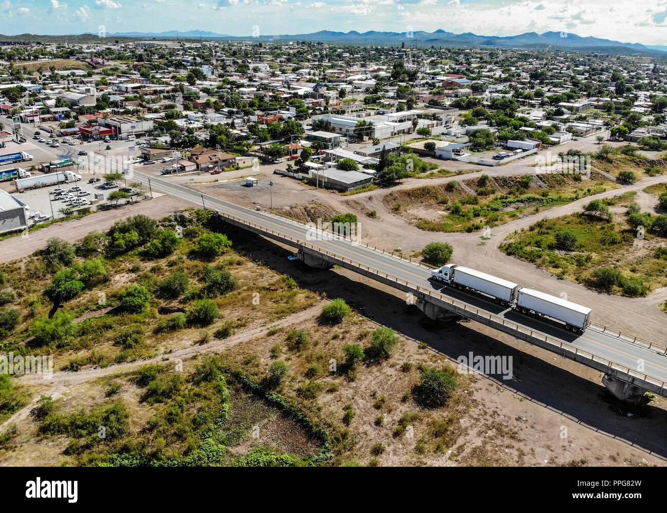 Aerial view of bridge in peripheral area of Santa Ana, Sonora, Mexico ...