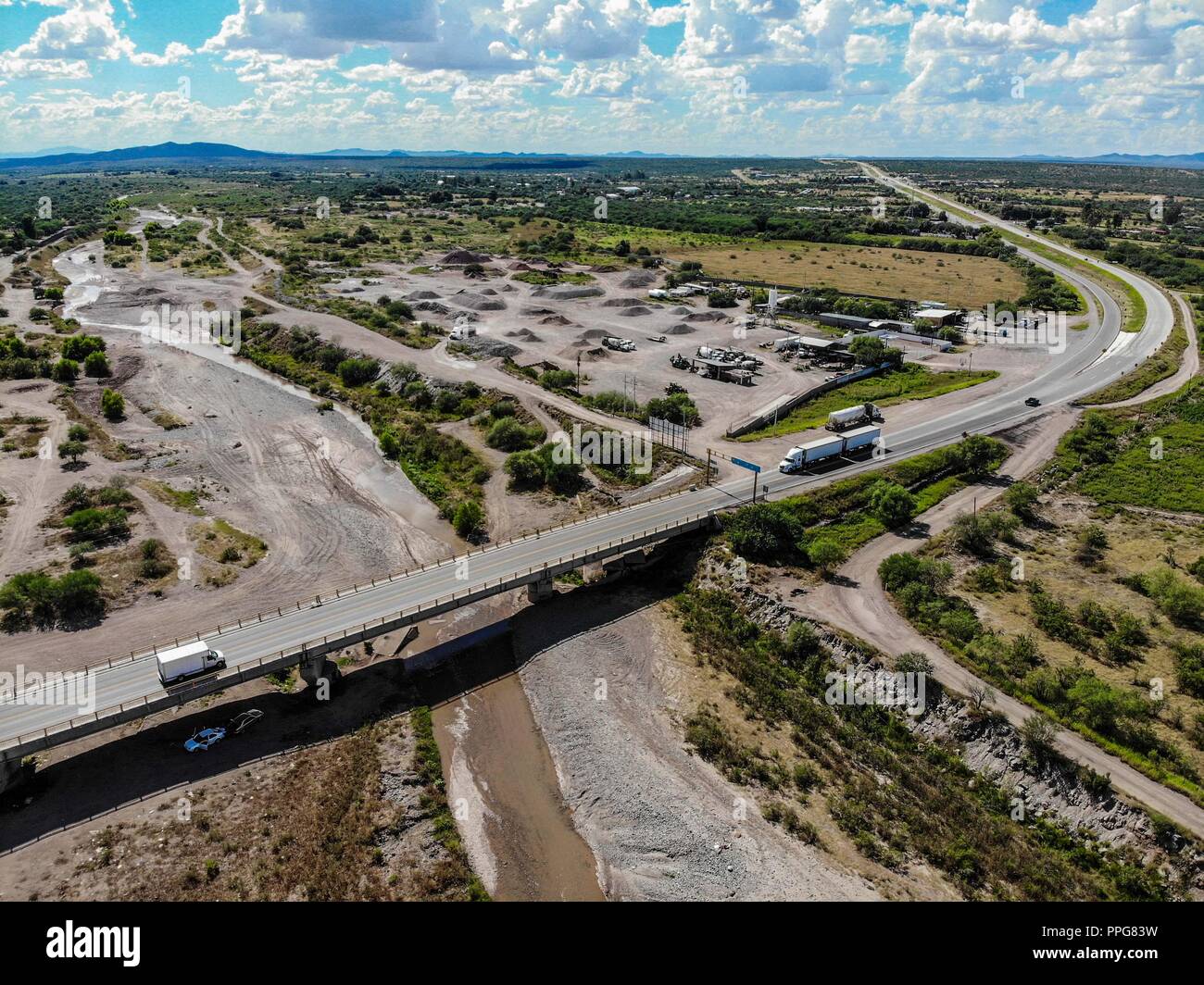 Aerial view of bridge in peripheral area of Santa Ana, Sonora, Mexico ...