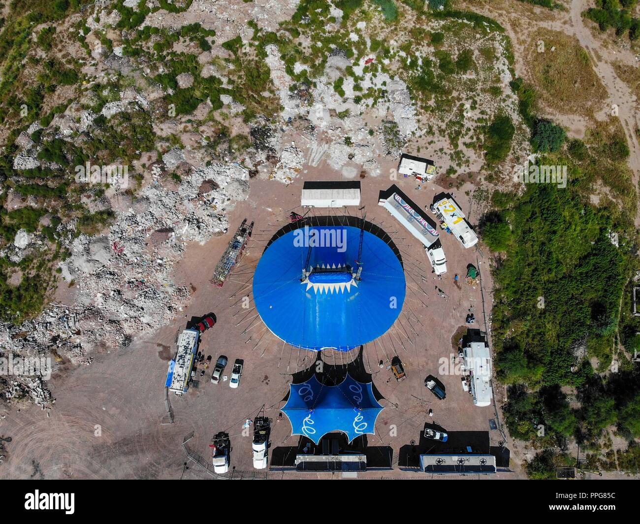 Aerial view of the tent of the Circus of Brazil in the depopulated area ...