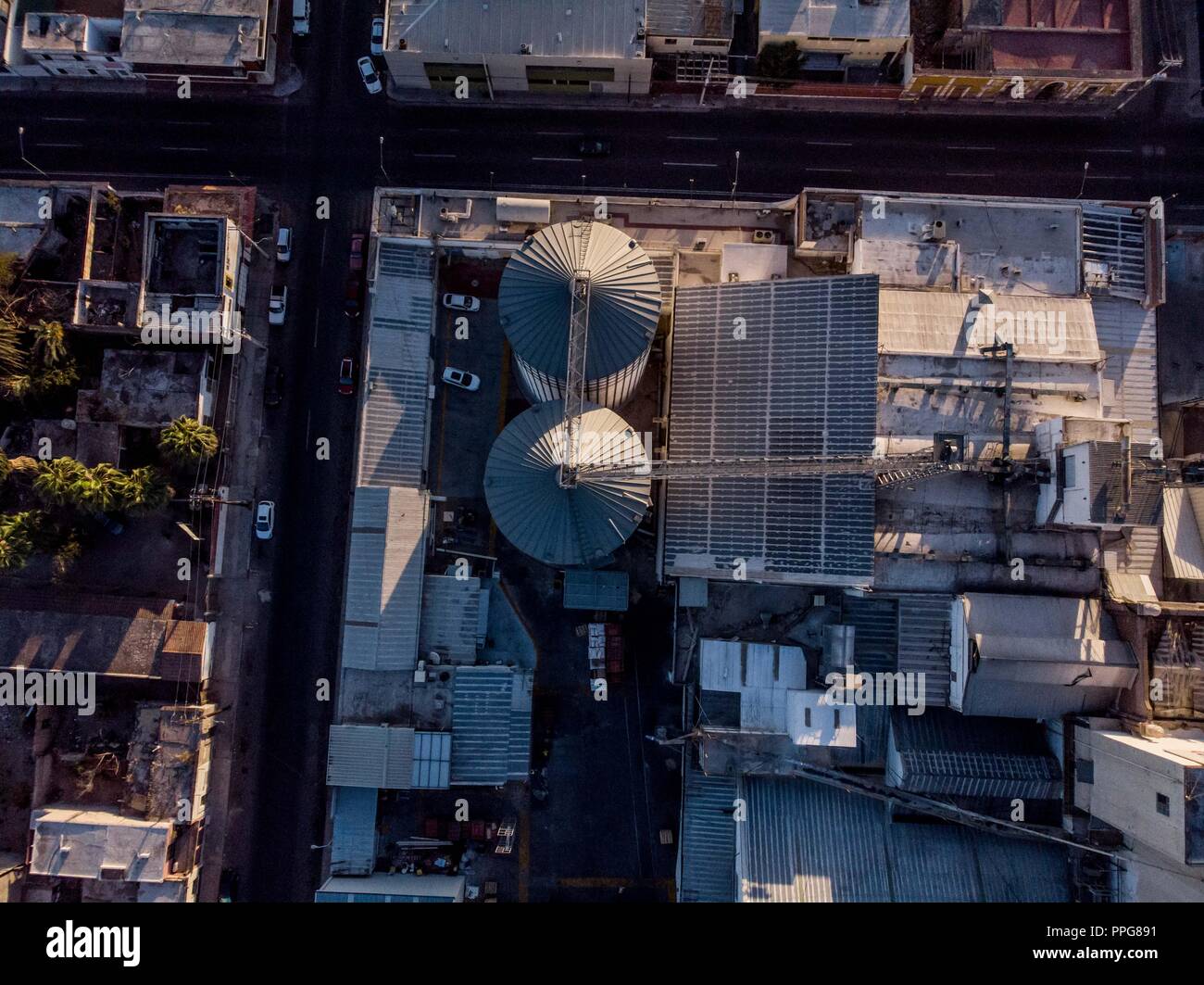 Aerial view of structure or towers of the Flour Mill La Fama. Flour ...