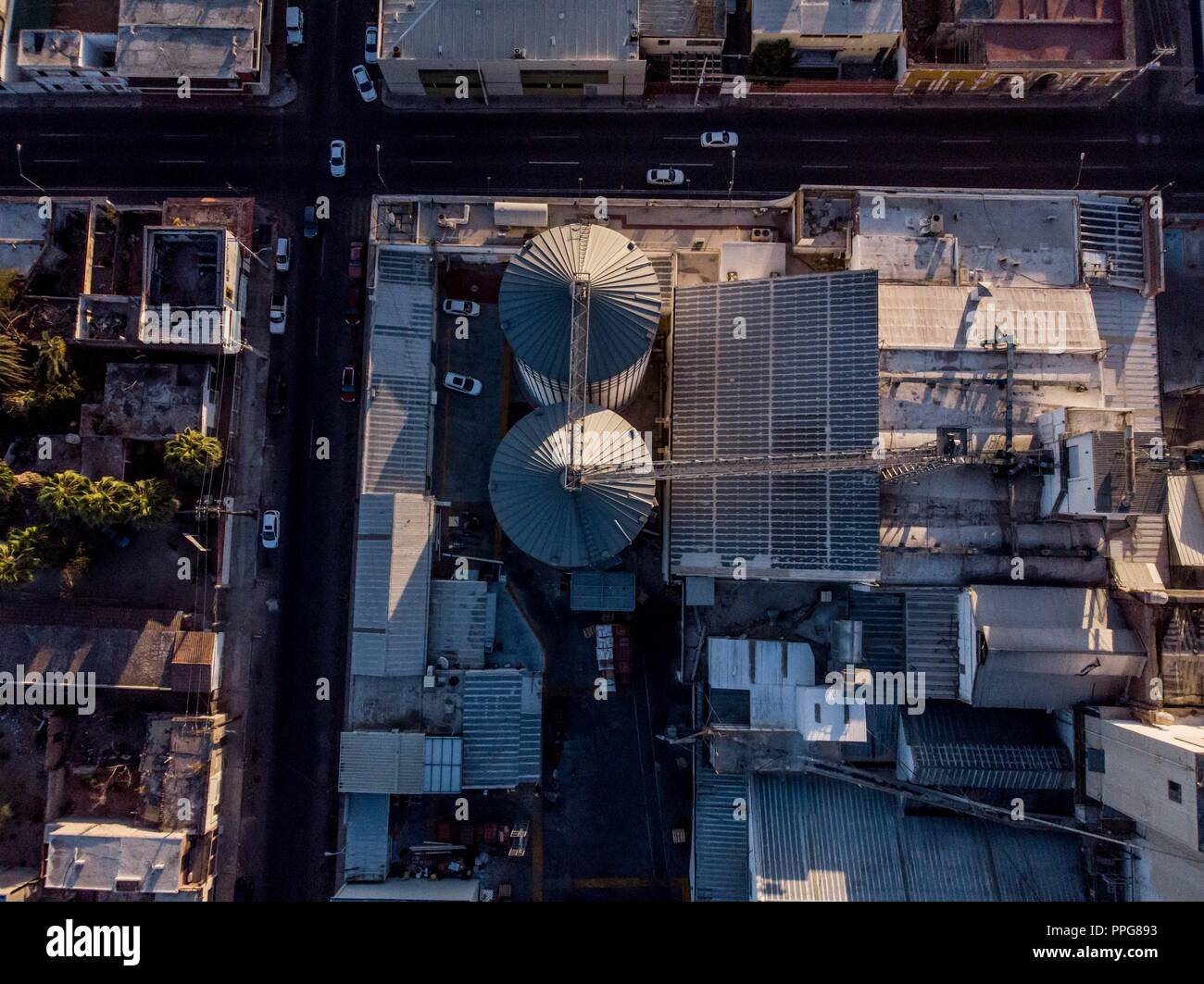 Aerial view of structure or towers of the Flour Mill La Fama. Flour ...