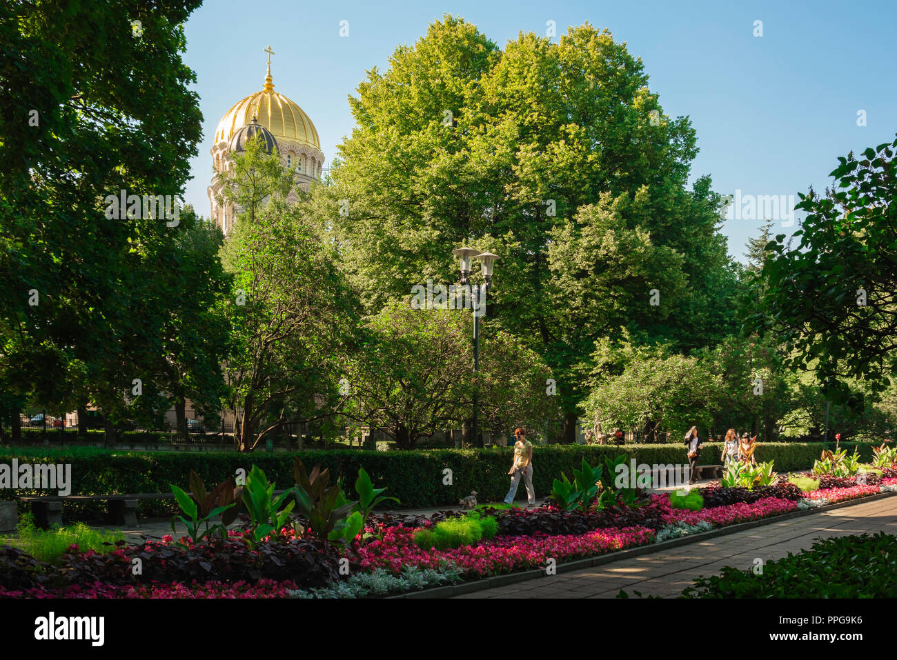 Esplanade park Riga, view in summer of people walking in the Riga ...