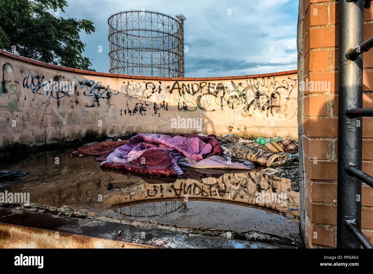 View of the Gazometer of Rome from an abandoned viewpoint in Portuense ...