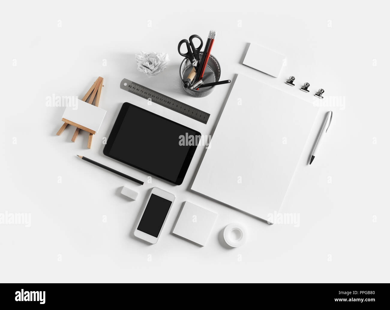 Blank stationery set on white paper background. Template for branding ...