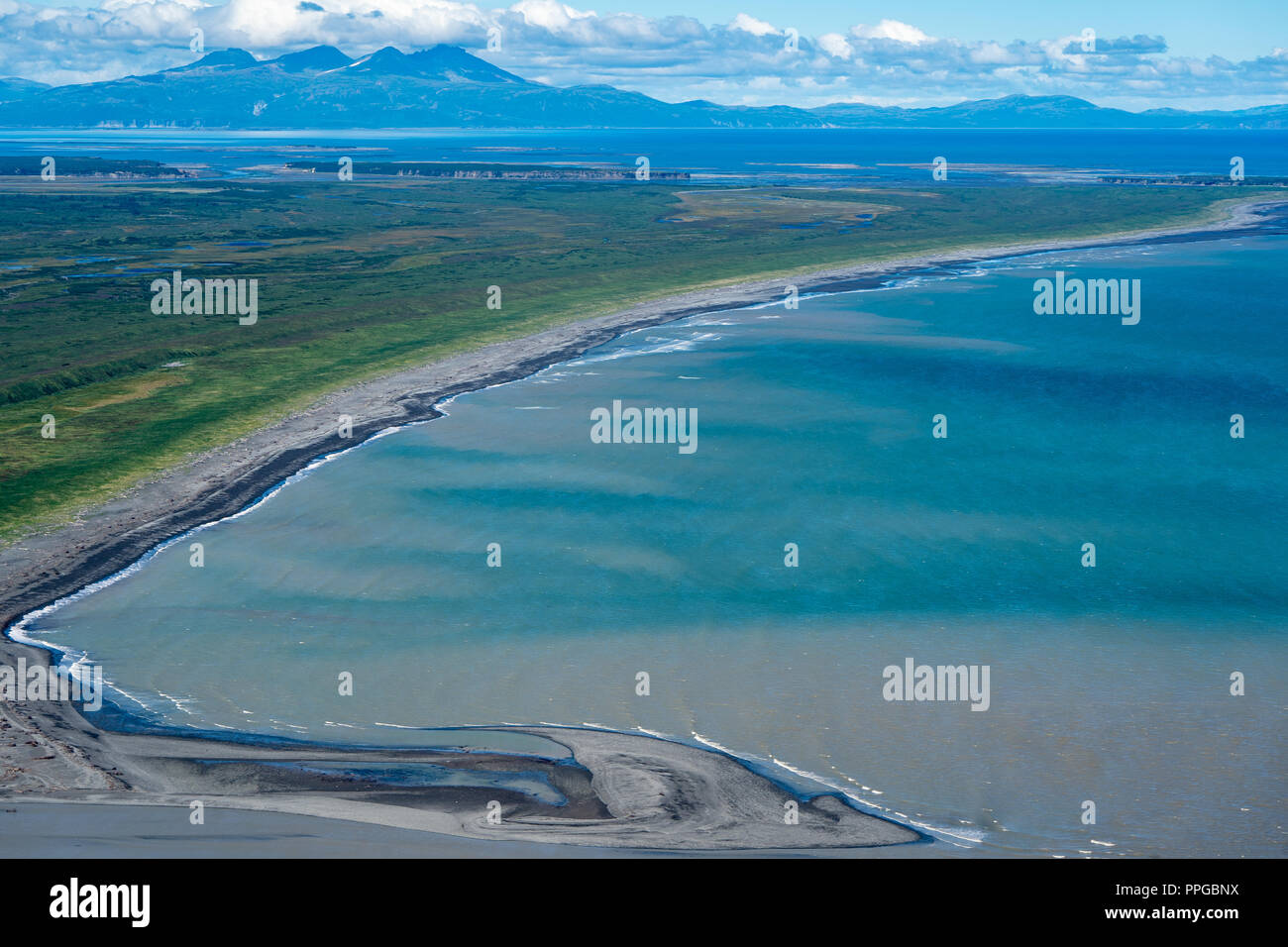 Aerial photography view of Alaska's Katmai National Park. Teal water ...