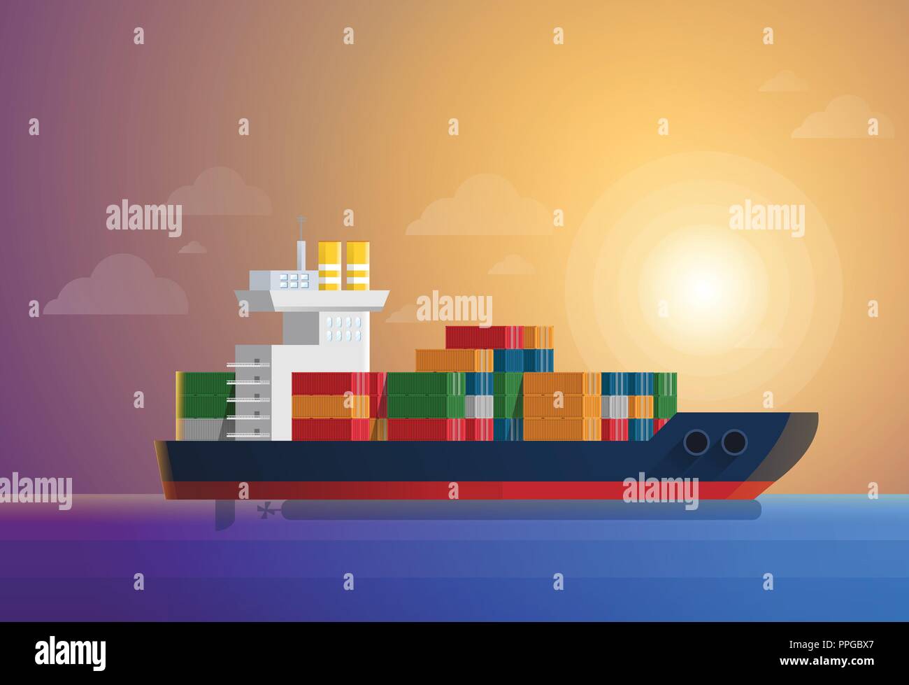 Cargo container ship transports containers at the blue ocean. Flat and ...