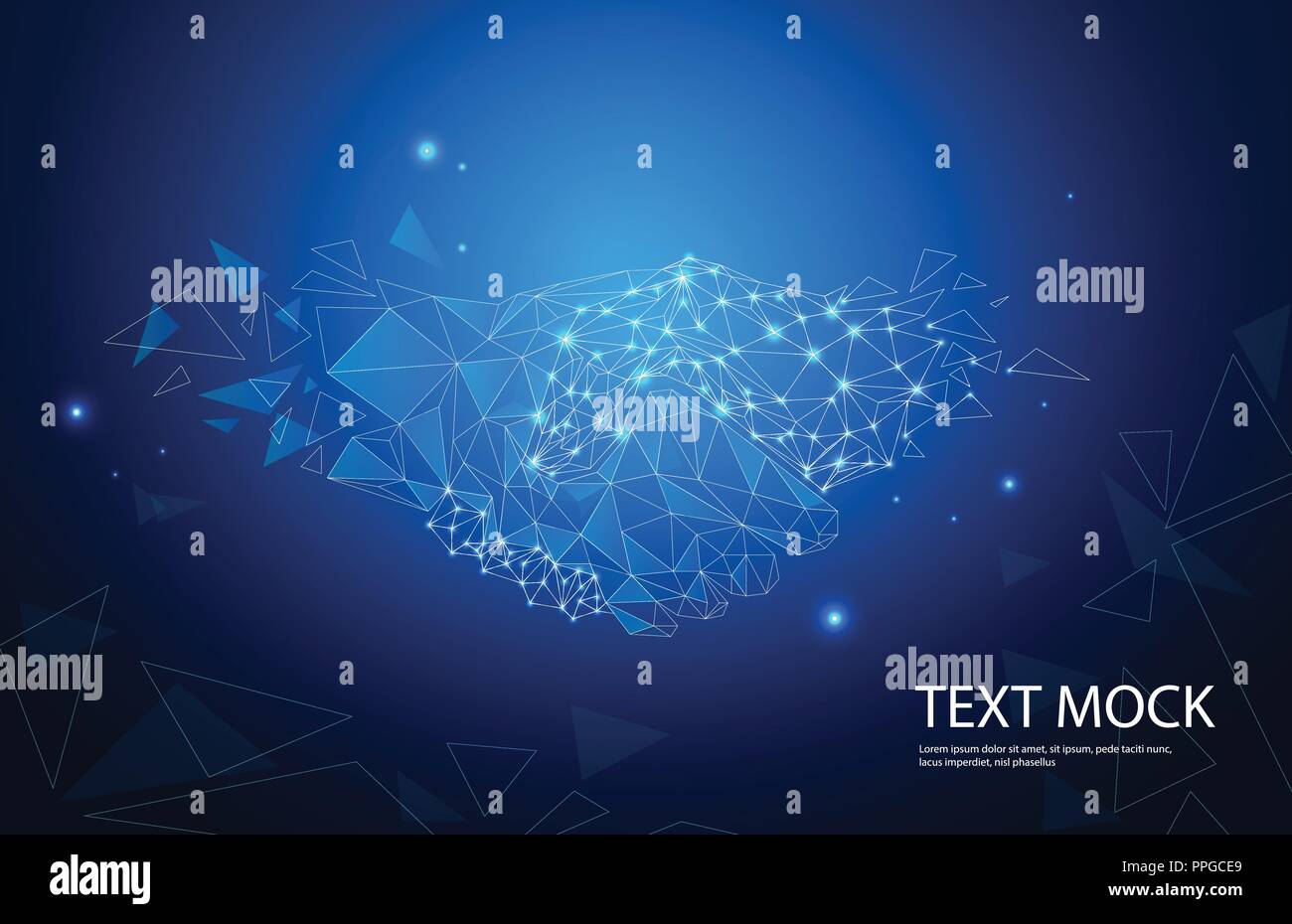 Business Handshake Lines And Triangles Point Connecting Network On Blue Background
