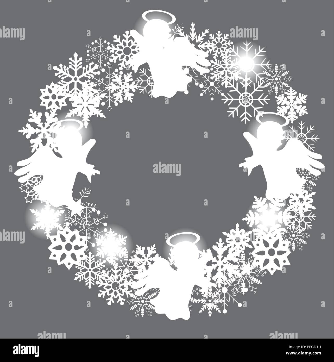 vector illustration of a snowflake wreath with angels. Christmas ...