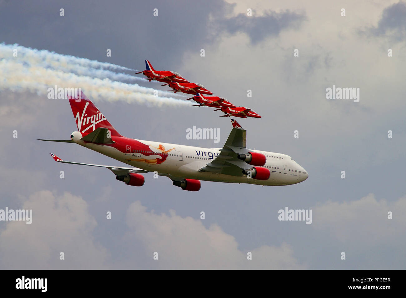 Virgin Atlantic Boeing 747 Jumbo Jet plane flying in formation with RAF ...