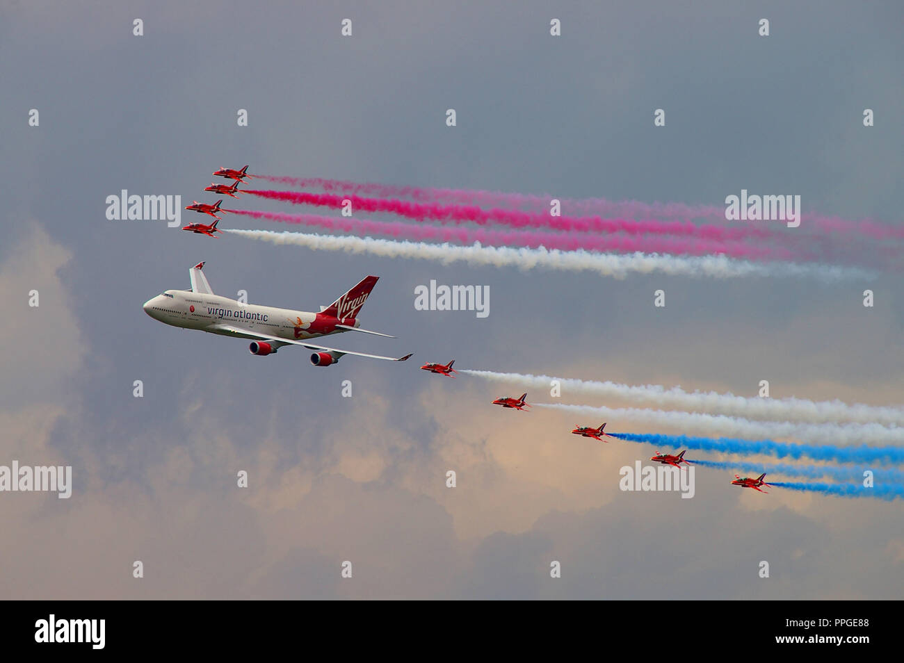Virgin Atlantic Boeing 747 Jumbo Jet plane flying in formation with RAF ...