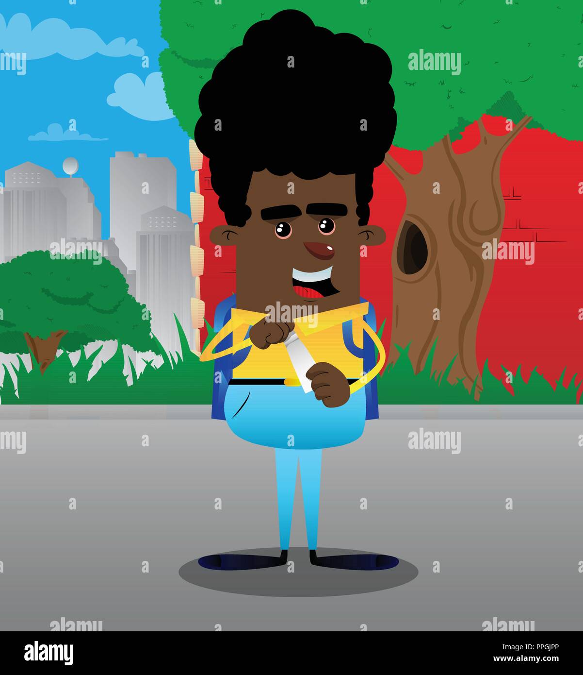 Schoolboy opening a blank tube of paste. Vector cartoon character ...