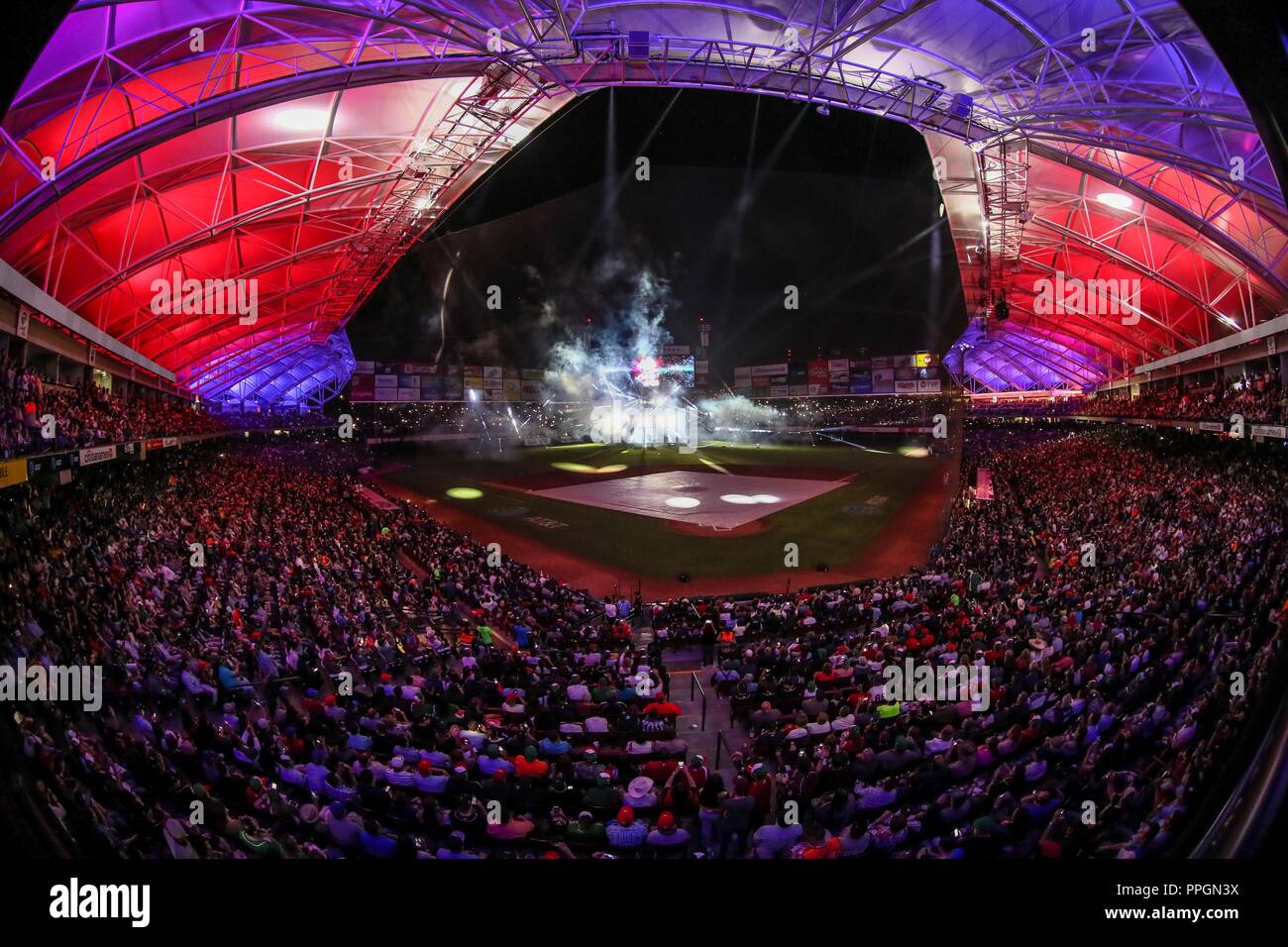 Opening ceremony and pyrotechnics show and lights in the new stadium of ...