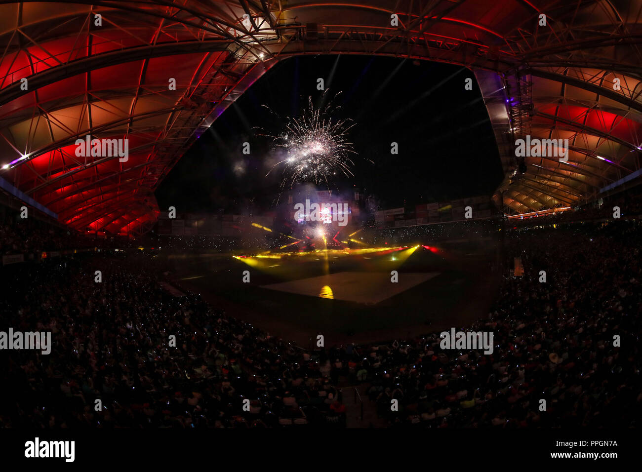 Opening ceremony and pyrotechnics show and lights in the new stadium of ...