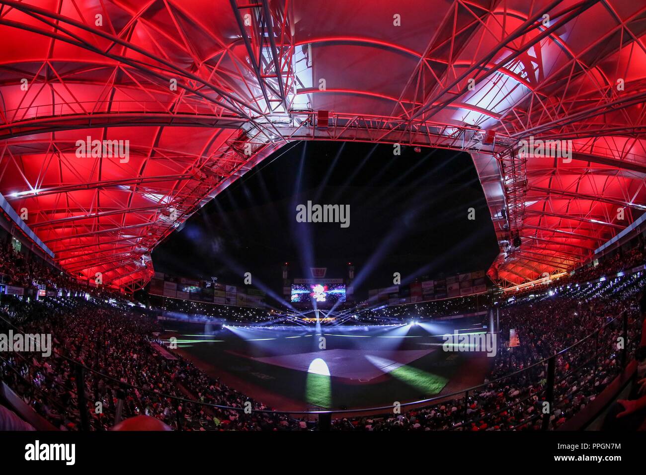 Opening ceremony and pyrotechnics show and lights in the new stadium of ...