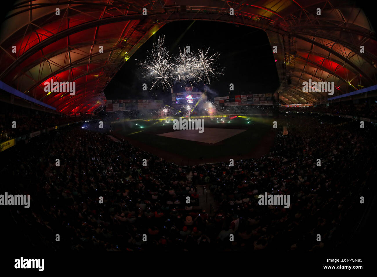 Opening ceremony and pyrotechnics show and lights in the new stadium of ...