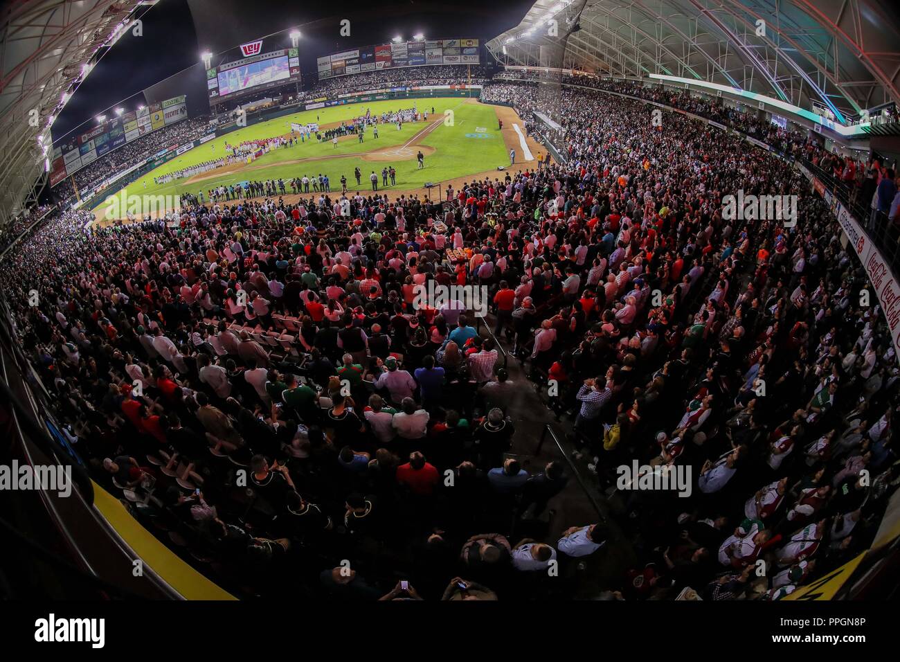 Opening ceremony and pyrotechnics show and lights in the new stadium of ...