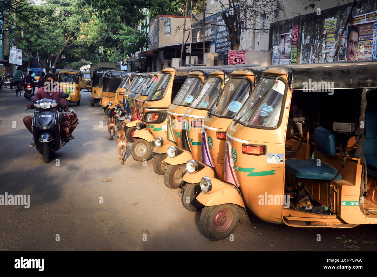 Yellow tuk tuk auto rickshaw taxis parked waiting for passengers in ...