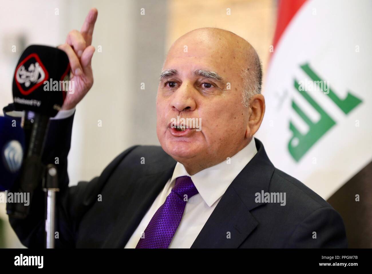 Baghdad, Iraq. 25th Sep, 2018. Fuad Hussein speaks at a press ...