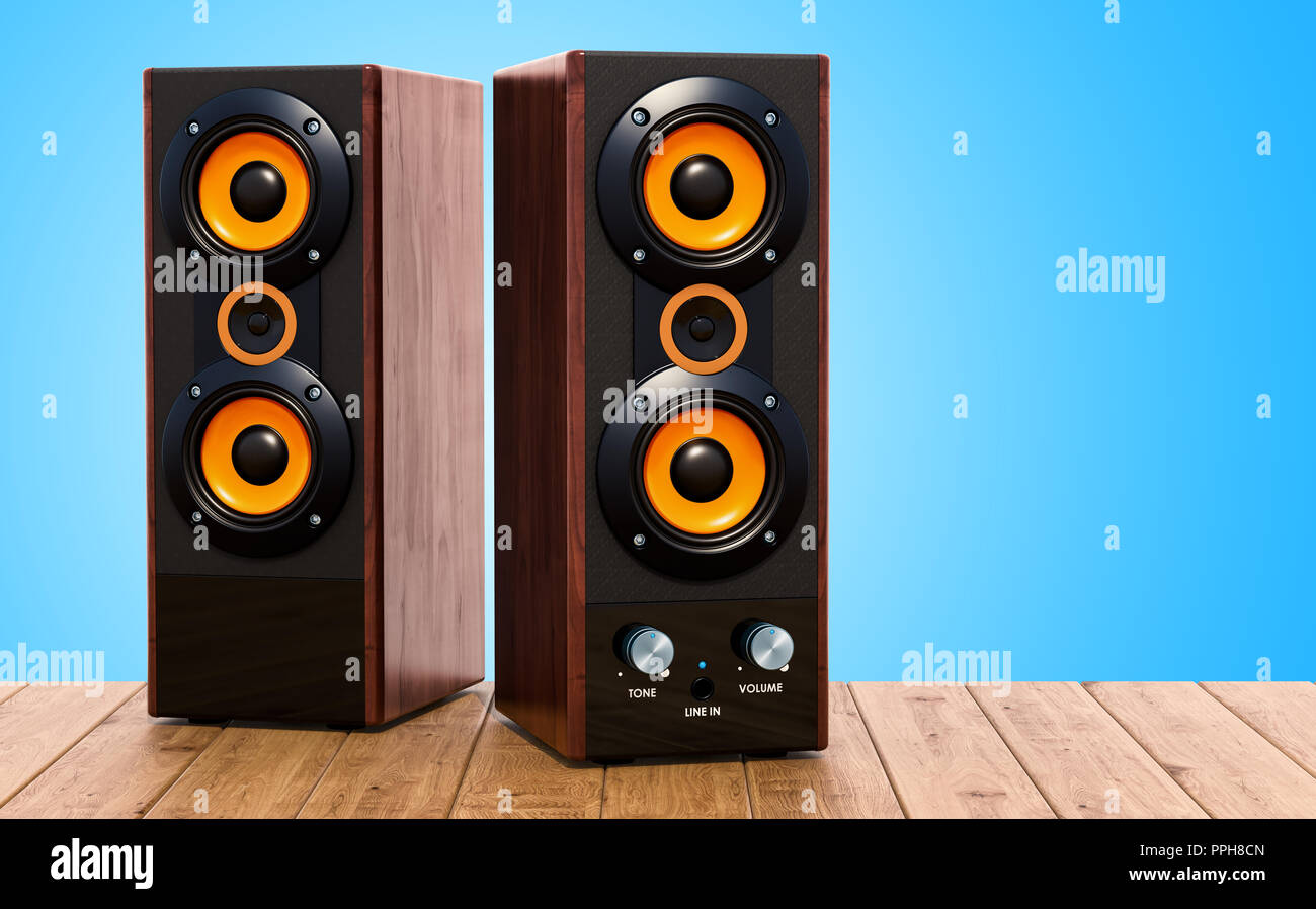 Computer Speakers on the wooden table, 3D rendering Stock Photo - Alamy