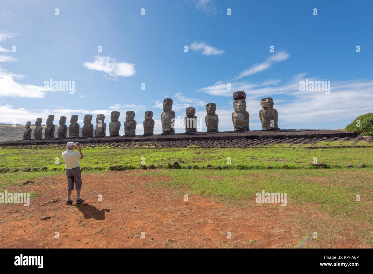 Easter Island, Chile--March 31, 2018. A tourist is taking a photo of ...