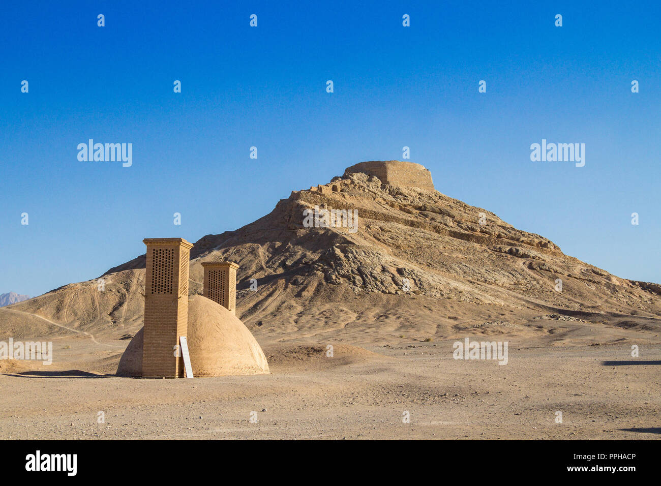 Towers of Silence in Yazd, Iran, in the middle of the desert. Also ...