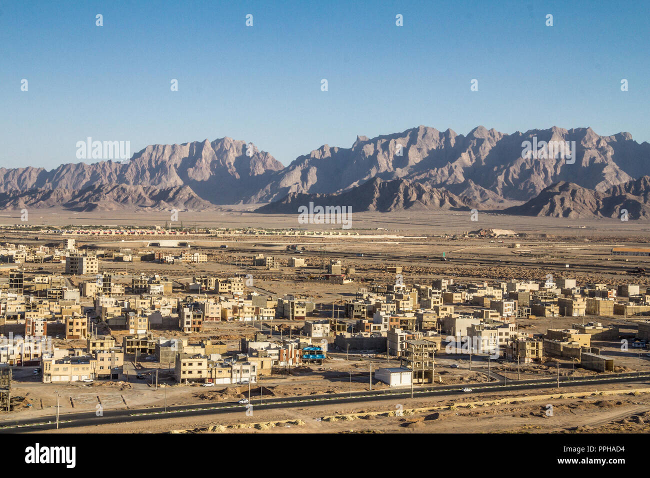 Giant construction site in the suburbs of Yazd, Iran, in the middle of ...