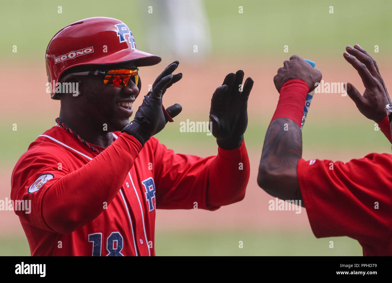 Rusney Castillo de Puerto Rico celebra carrera, durante el partido de ...