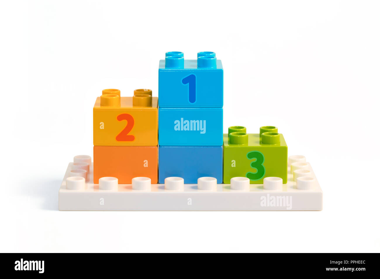 Front side view of winners pedestal built from colorful blocks Stock ...