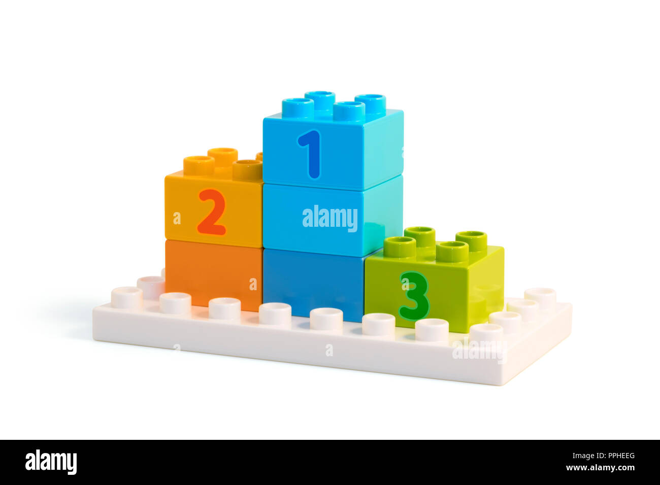 Right side view of winners pedestal built from colorful blocks Stock ...