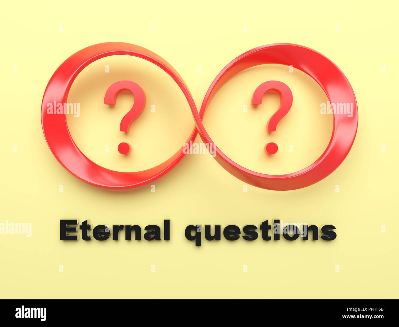 Symbol of infinity and question marks. Abstract concept. 3d render ...