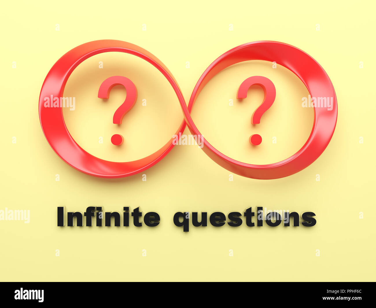 Symbol of infinity and question marks. Abstract concept. 3d render ...
